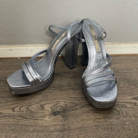 Zara | Shoes | Zara Metallic Blue Heels | Poshmark
